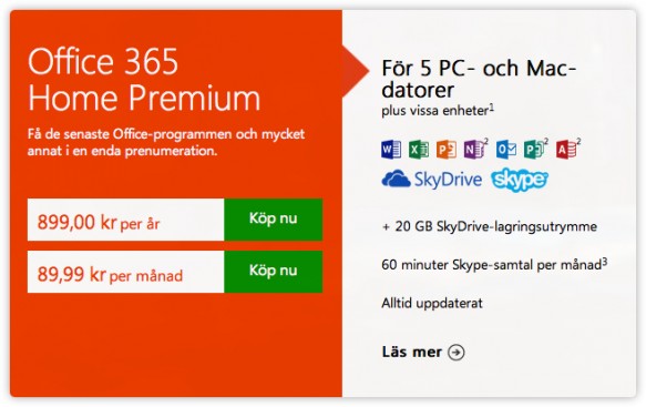 Mellan 75-90kr per månad för Office 365